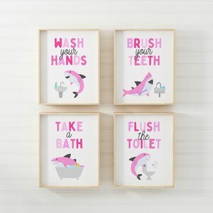Rainbow Sharks Bathroom Art Set, Shark Decor, Bathroom Wall Prints, Set ...