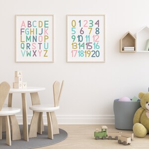 Alphabet and Numbers Print Set, Rainbow Wall Art, Playroom Prints, Set ...