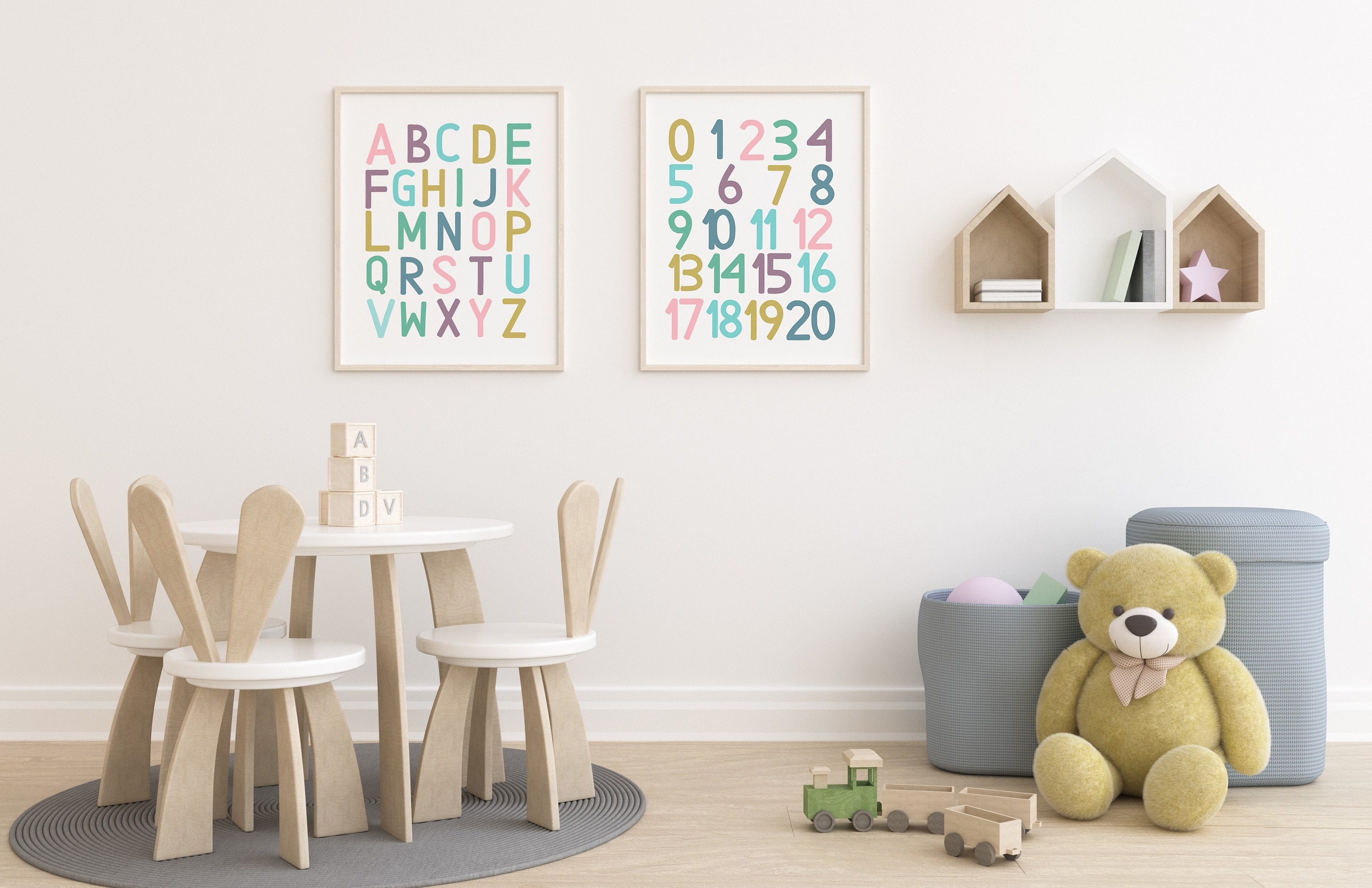 Alphabet and Numbers Print Set, Rainbow Wall Art, Playroom Prints, Set ...