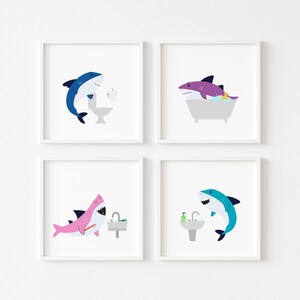 Kids Shark Bathroom Art Set, Shark Decor, Bathroom Wall Prints, Set of ...