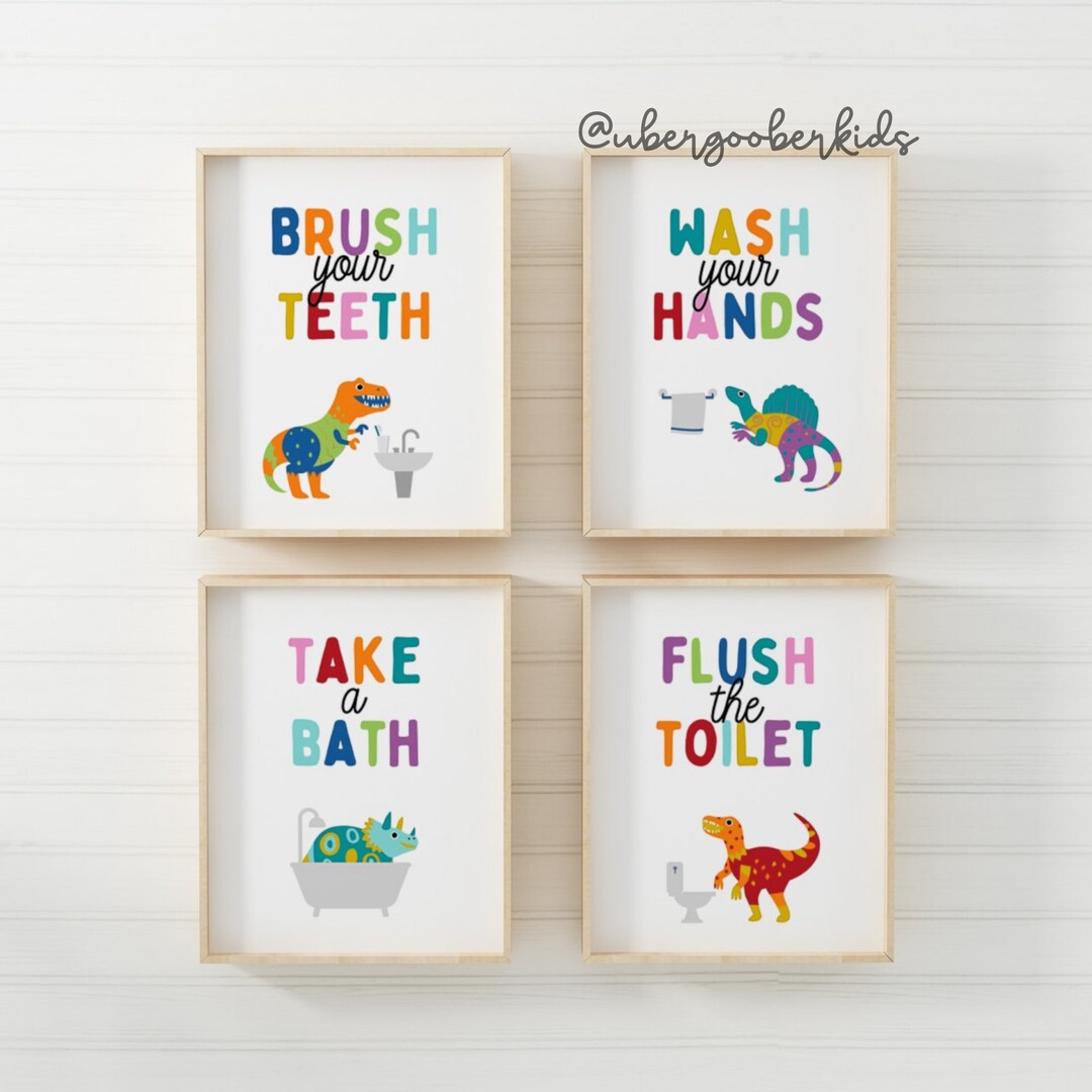 Kids Dinosaur Bathroom Art Set Bathroom Wall Prints Set of - Etsy