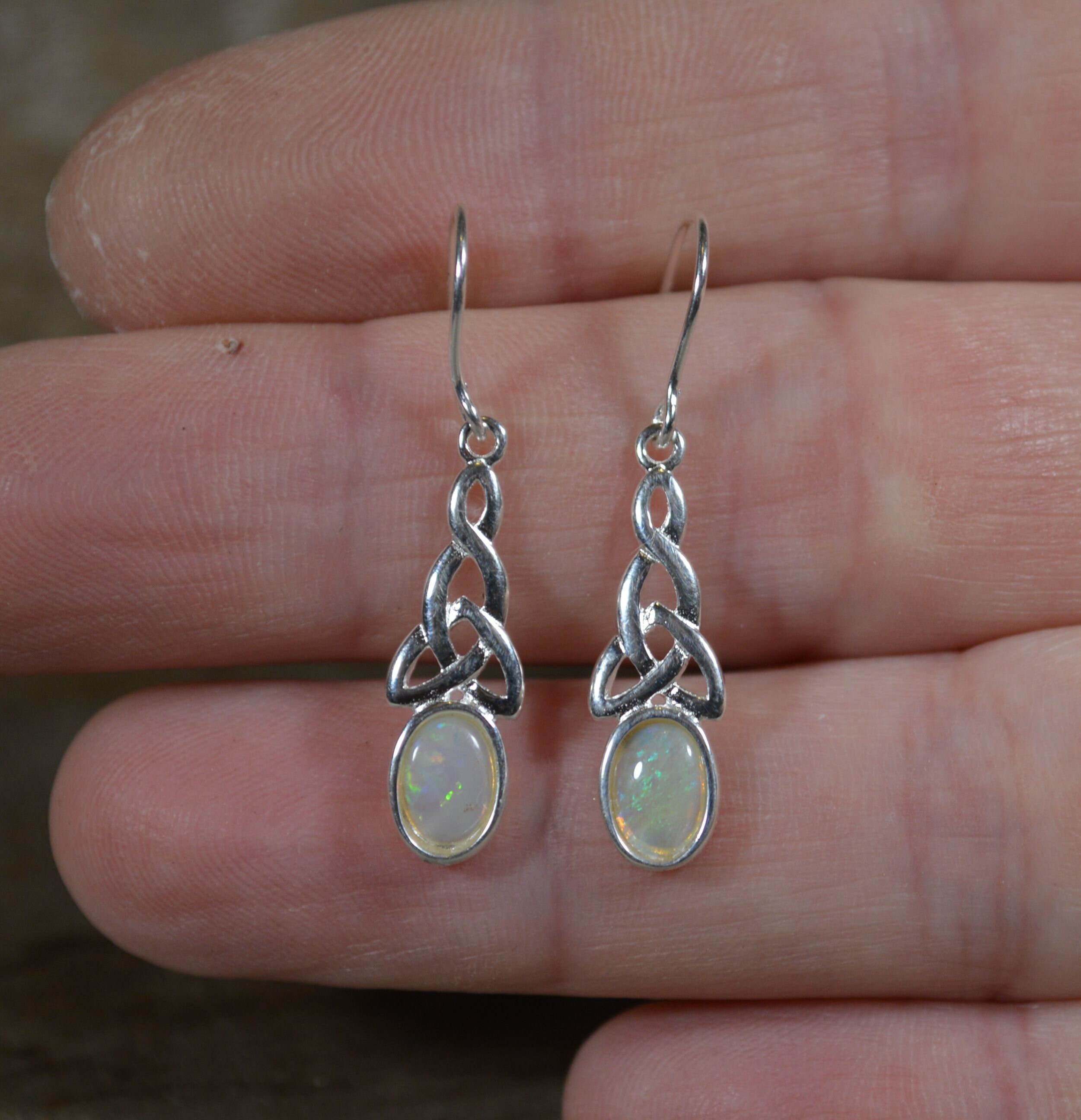 Celtic Silver Opal Drop Earrings, Australian Opals