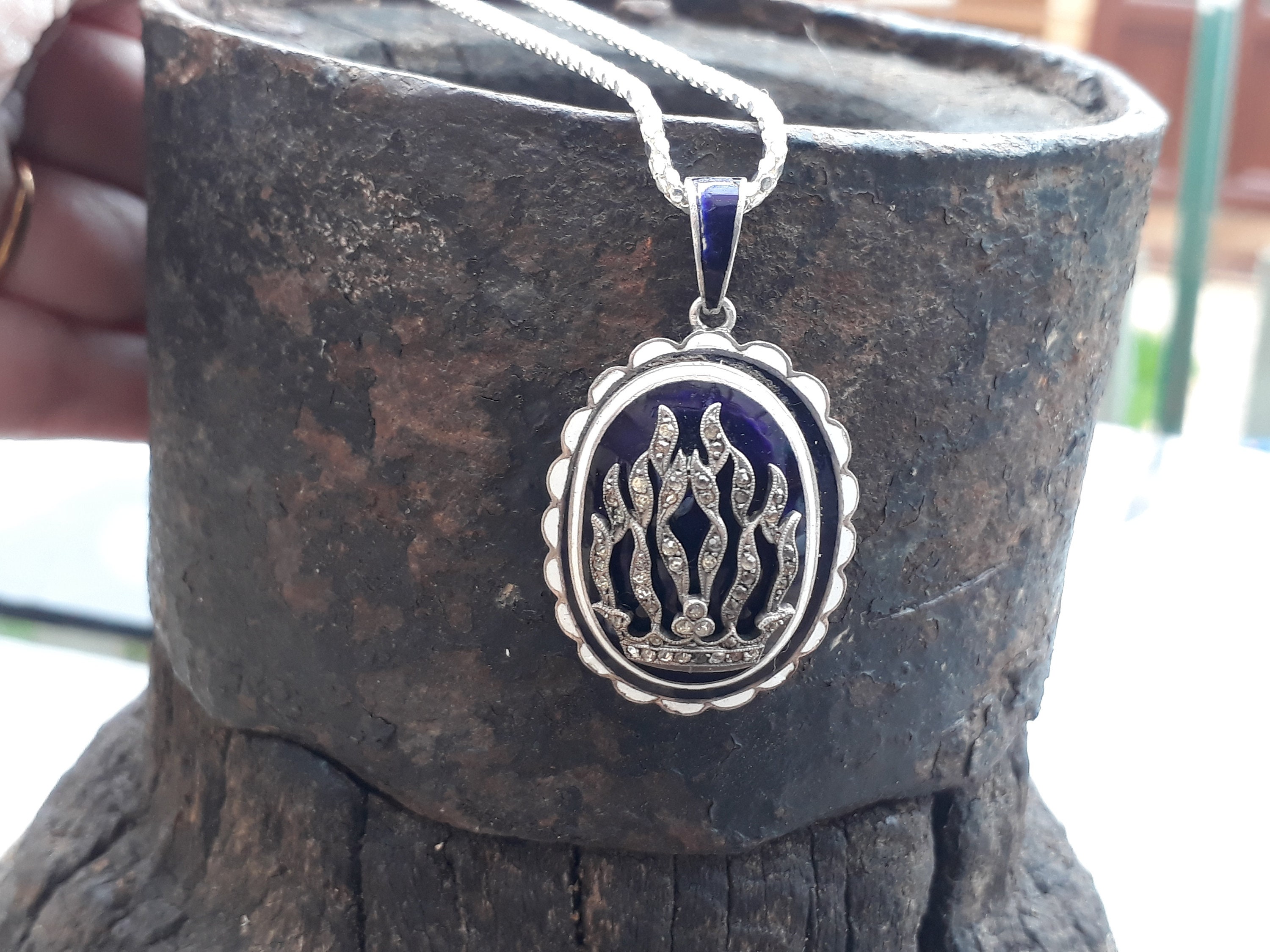 Georgian Royal Blue Enamel, Silver and Diamond Mourning Pendant
