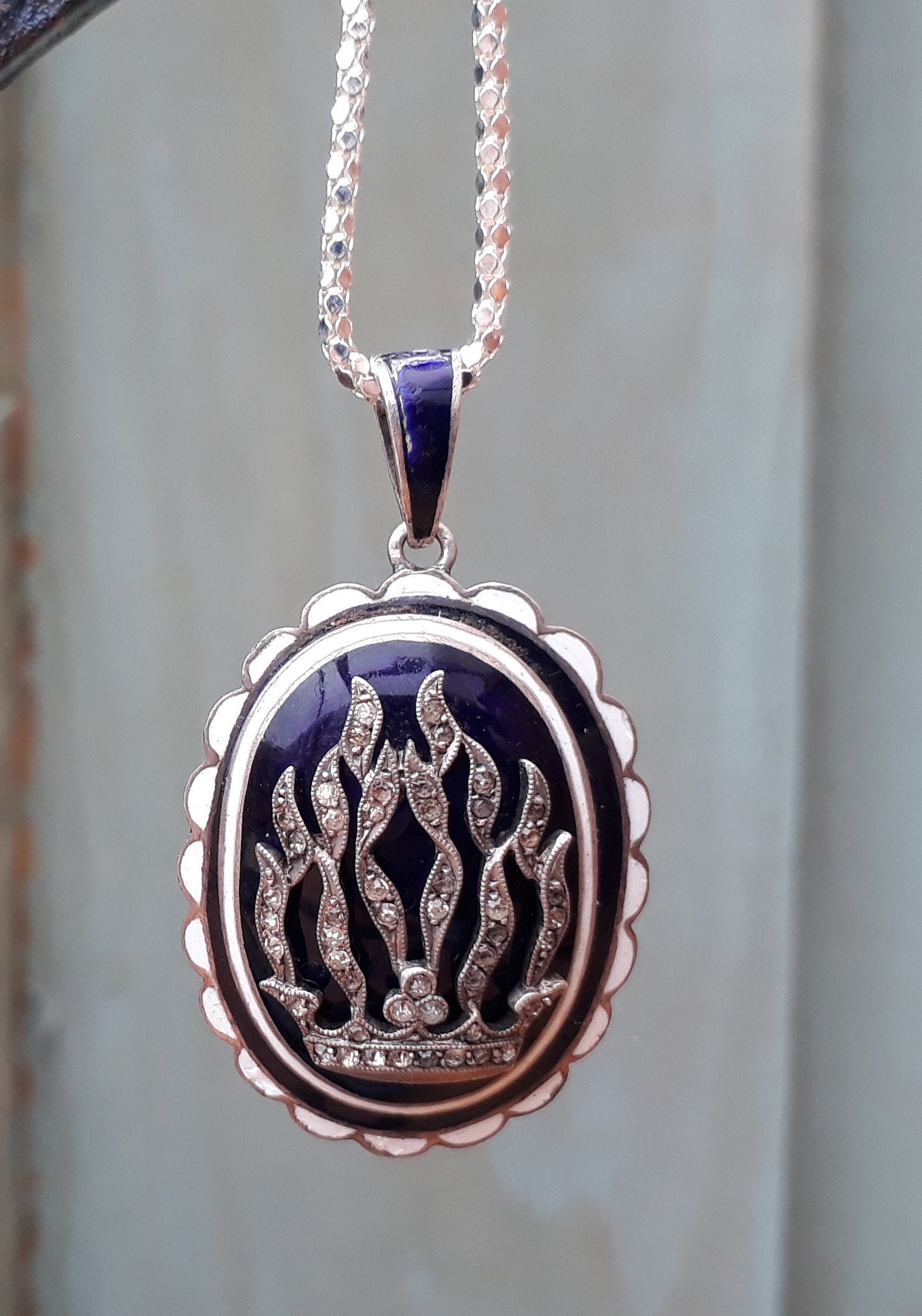 Georgian Royal Blue Enamel, Silver and Diamond Mourning Pendant