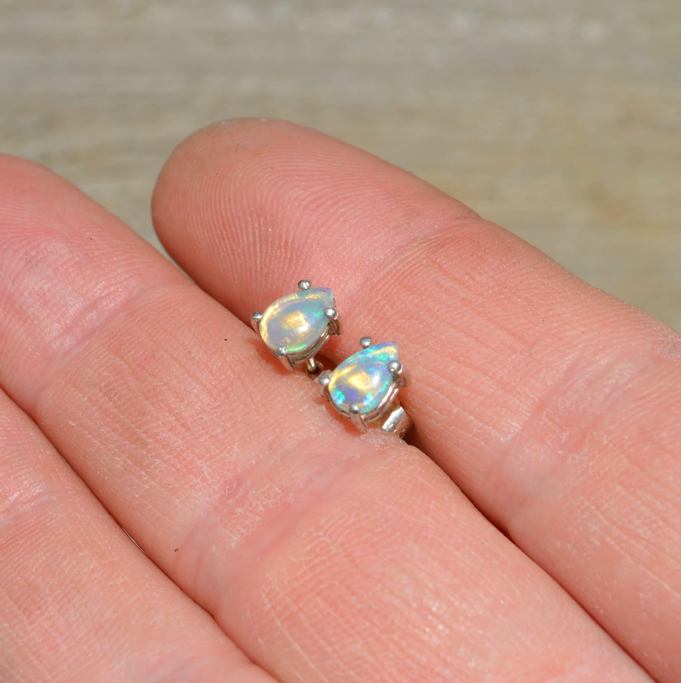 Silver Australian Opal Teardrop Stud Earrings, Blue and Green Crystal Opals