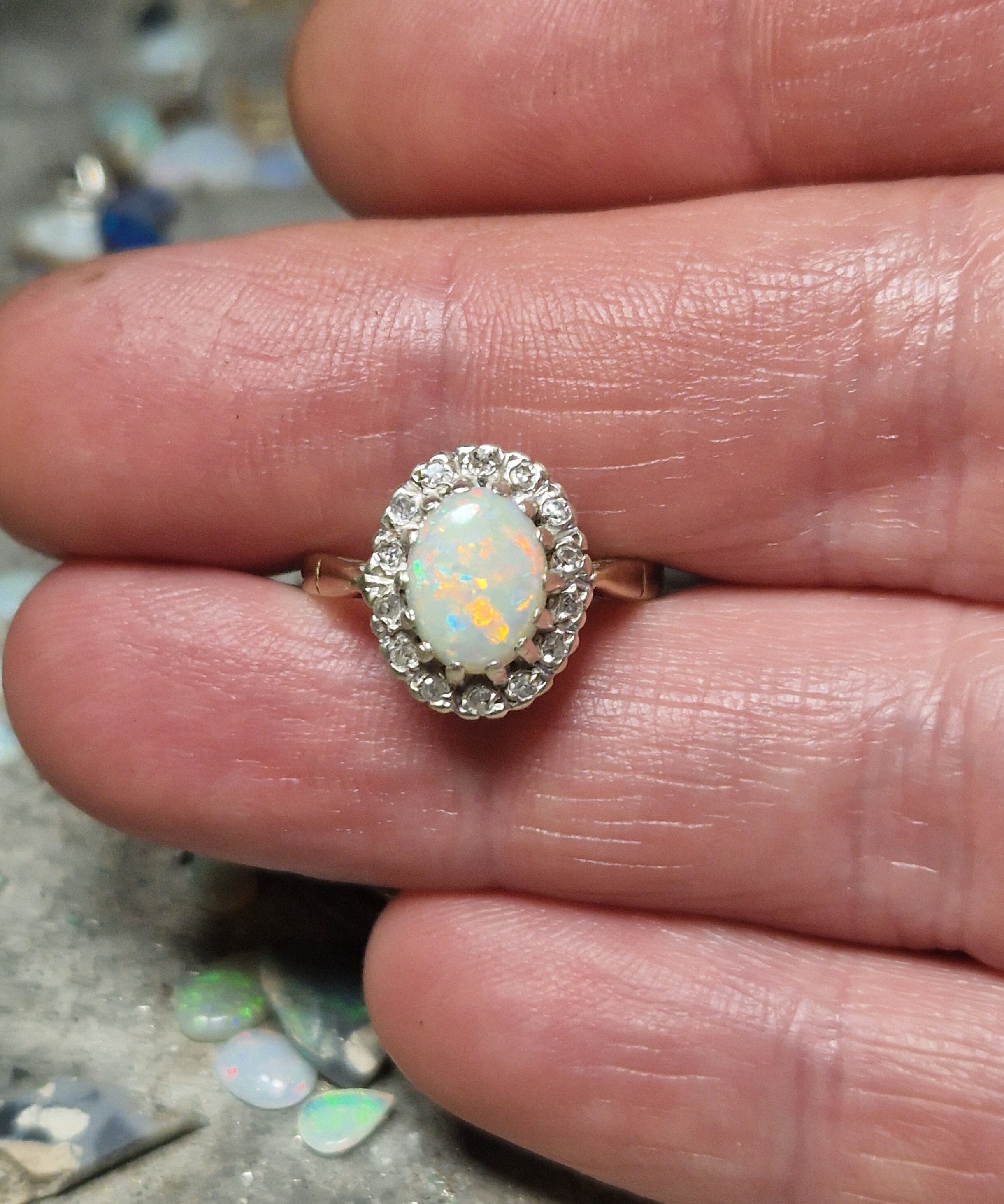 Vintage 9ct Gold Australian Opal and Diamond Cluster Ring