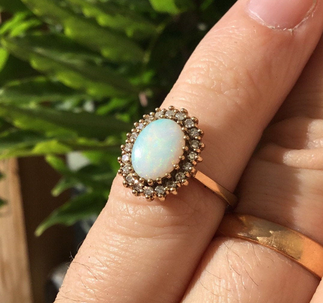 Gold Opal and Diamond Cluster Ring