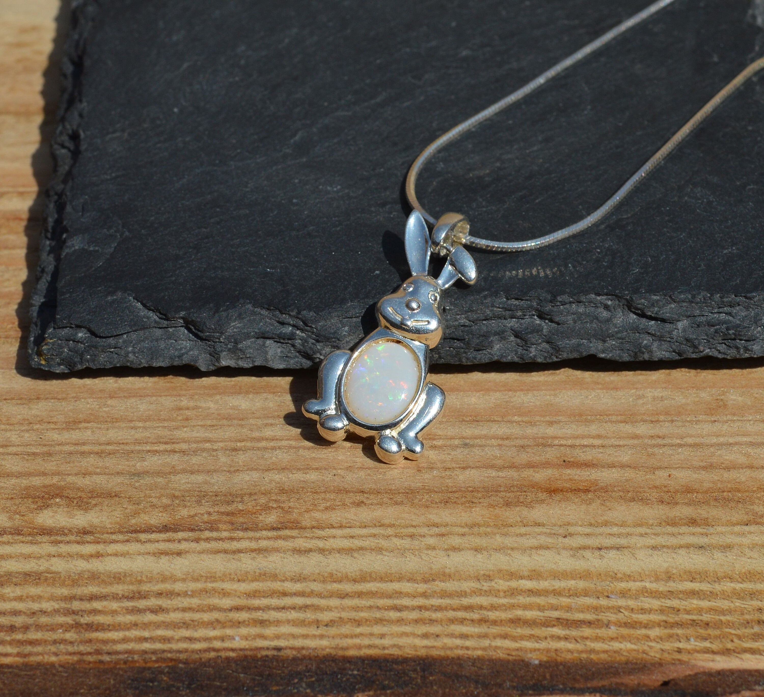Sterling Silver Opal Rabbit Pendant, Opal Rabbit
