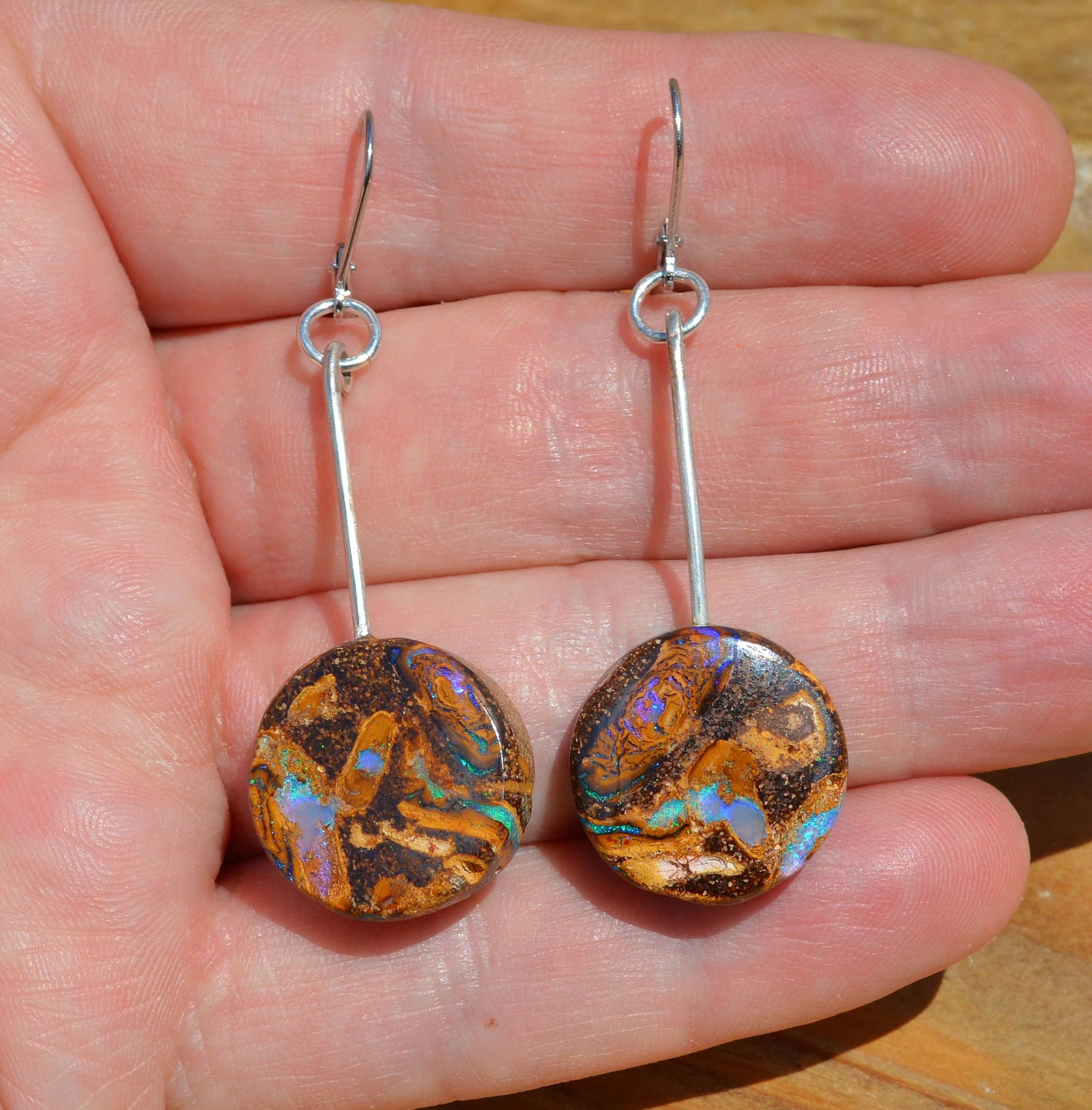 Large Silver Boulder Opal Earrings, Australian Opal
