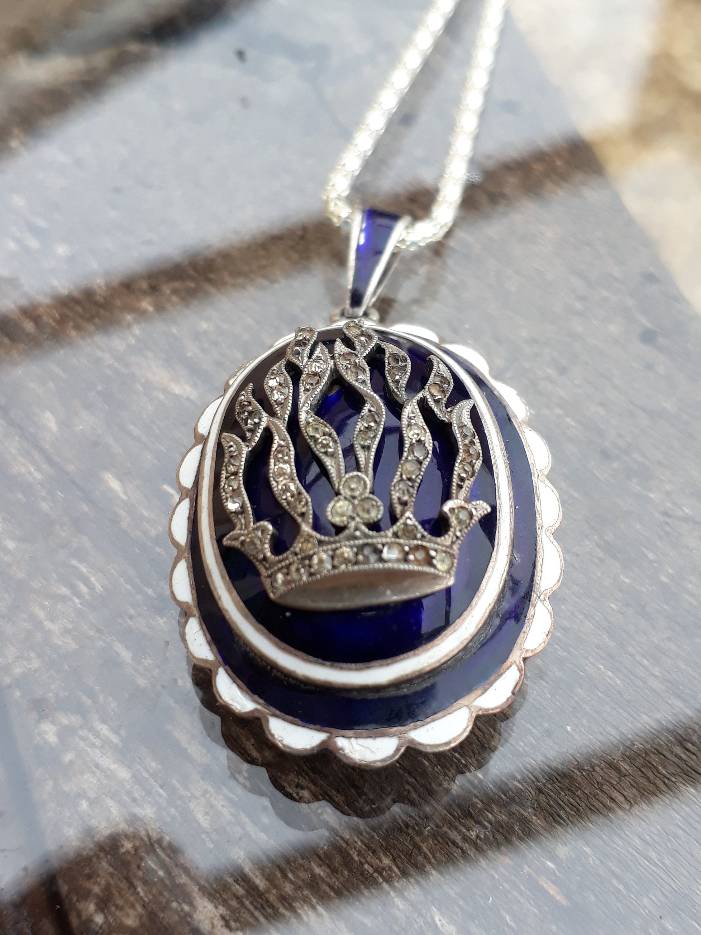 Georgian Royal Blue Enamel, Silver and Diamond Mourning Pendant