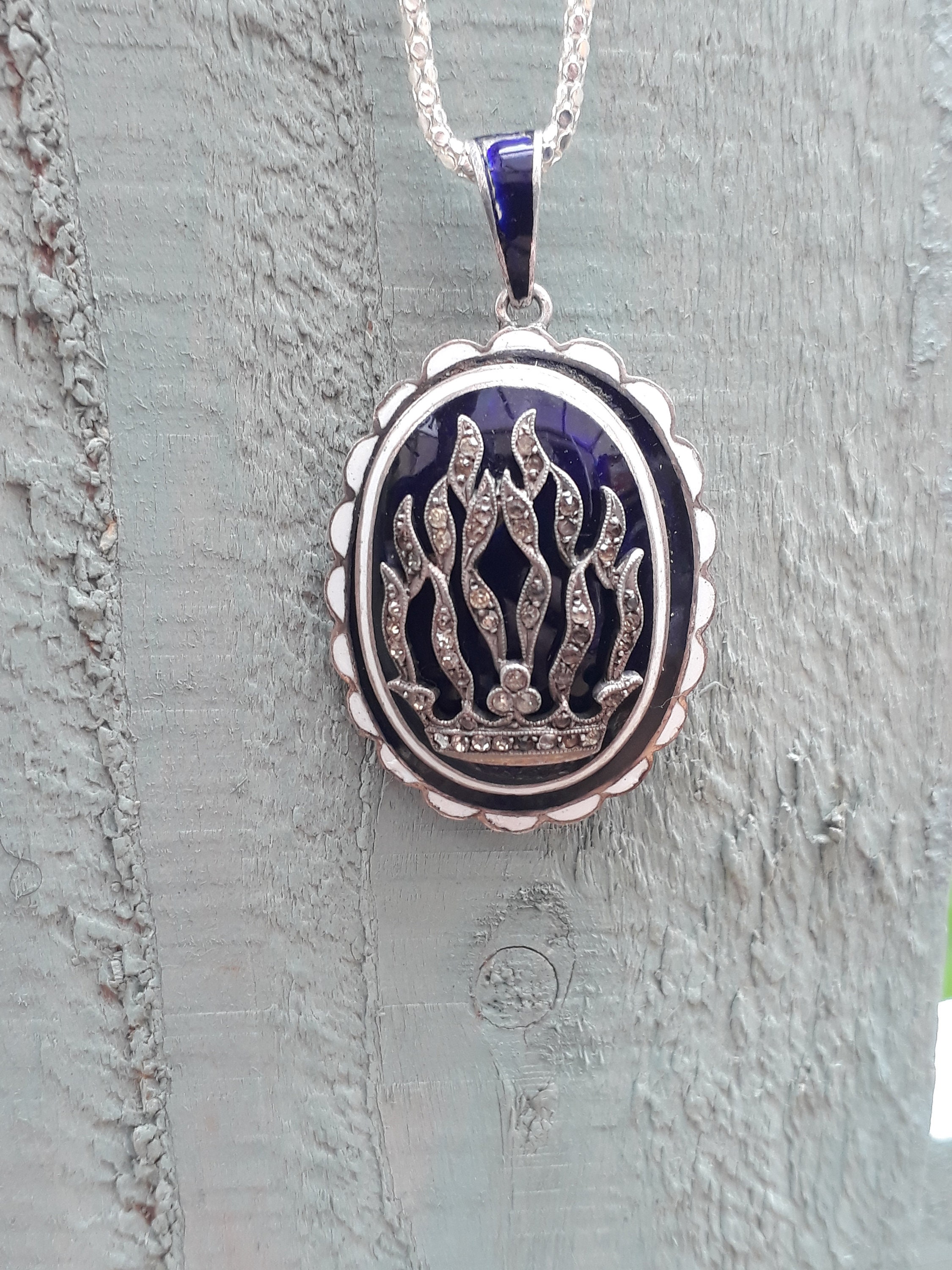 Georgian Royal Blue Enamel, Silver and Diamond Mourning Pendant