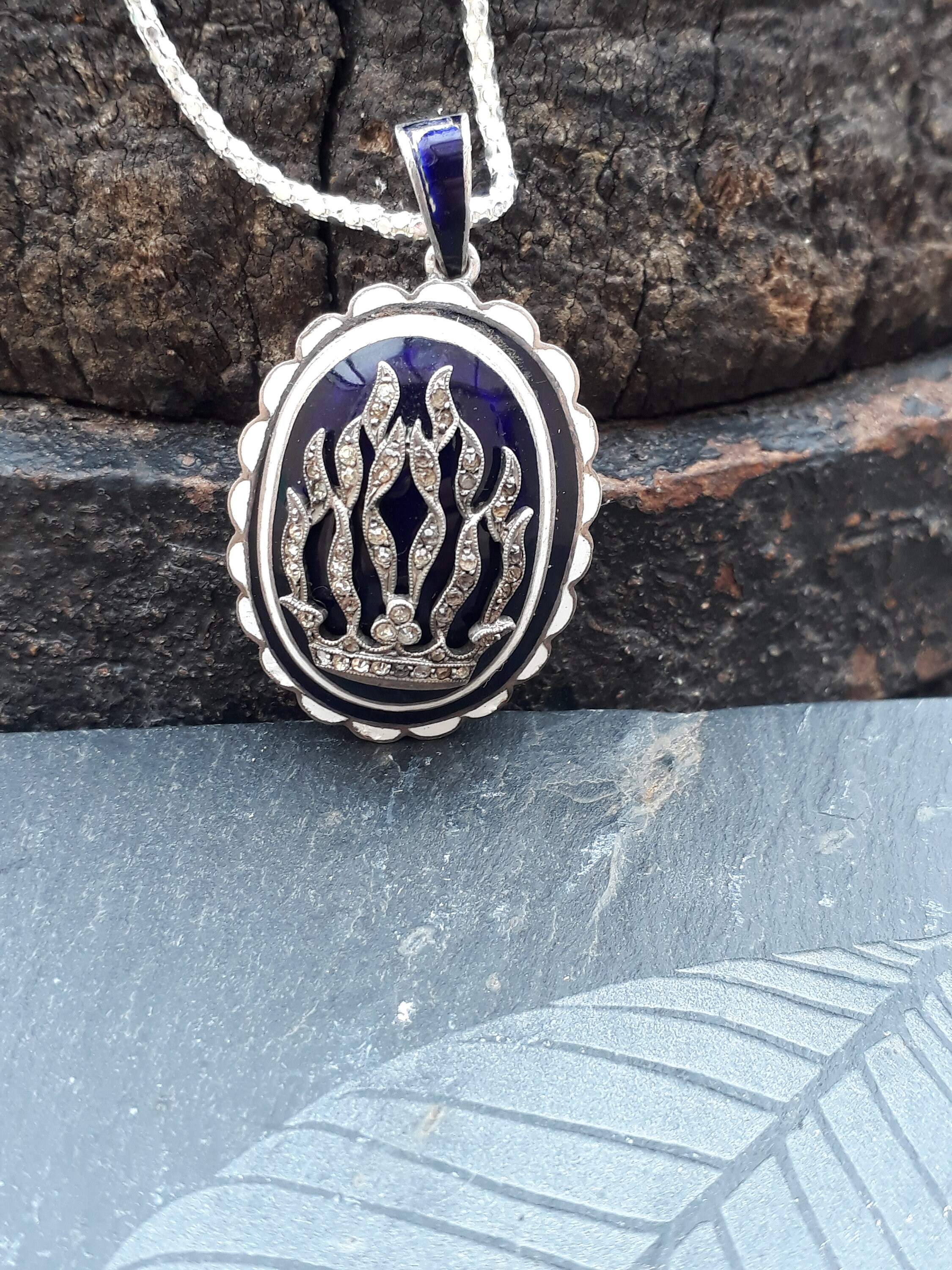 Georgian Royal Blue Enamel, Silver and Diamond Mourning Pendant