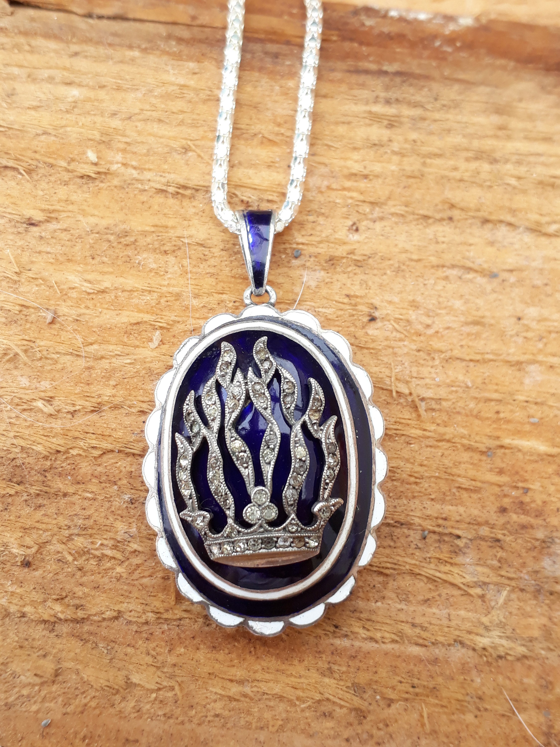 Georgian Royal Blue Enamel, Silver and Diamond Mourning Pendant