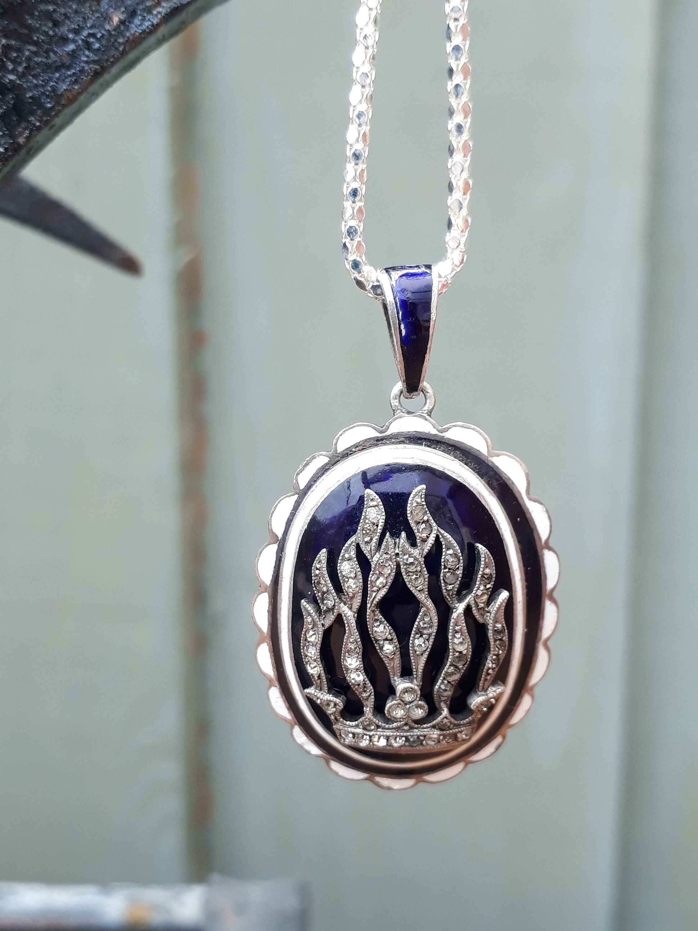 Georgian Royal Blue Enamel, Silver and Diamond Mourning Pendant