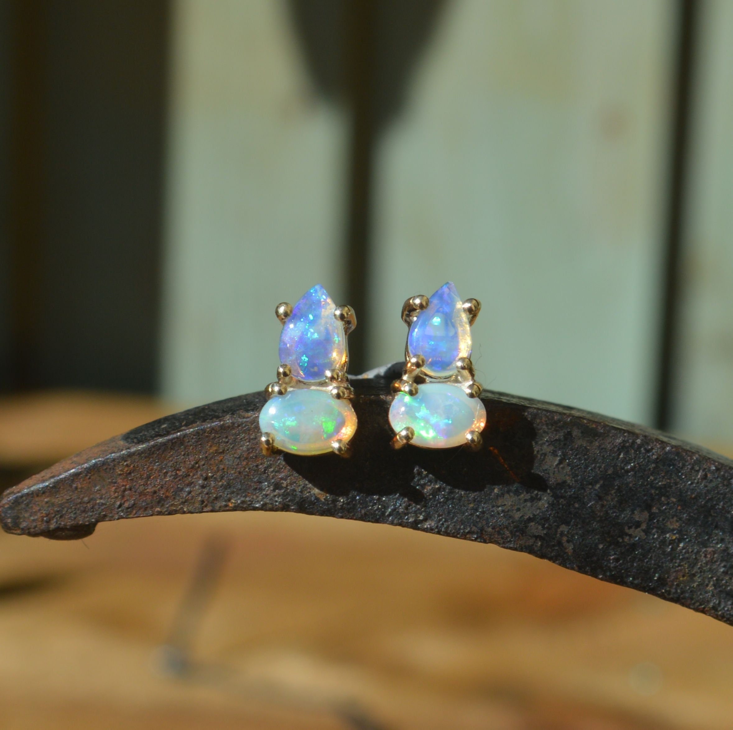 9ct Gold Australian Opal Teardrop Stud Earrings, Blue and Green Crystal Opals