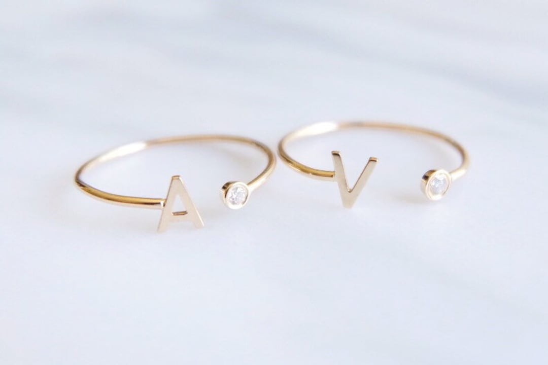 14k Gold Letter Ring With Diamond Initial Rings Stacking Rings Handmade ...