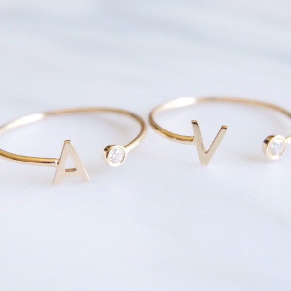Diamond Initial Ring - Etsy