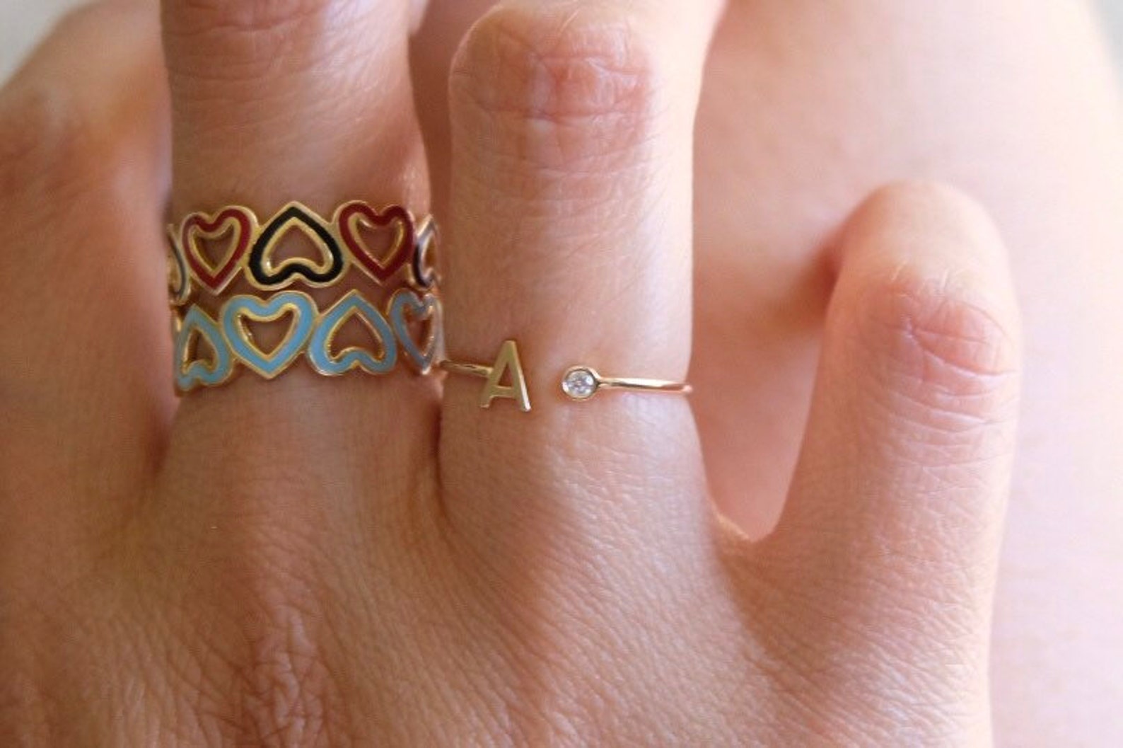 14k Gold Letter Ring With Diamond Initial Rings Stacking - Etsy