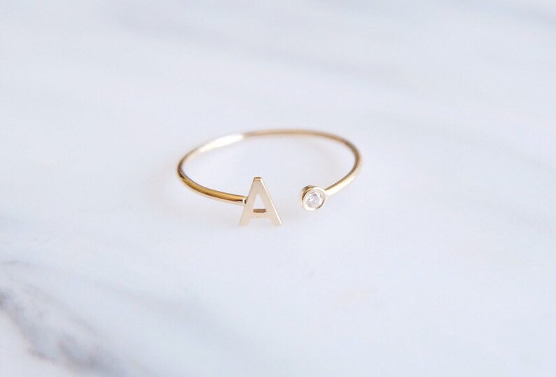 14k Gold Letter Ring With Diamond Initial Rings Stacking - Etsy