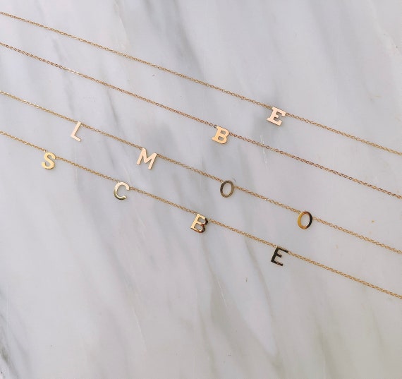 14k Solid Gold Spaced Letter Chain Necklace Rose Gold | Etsy