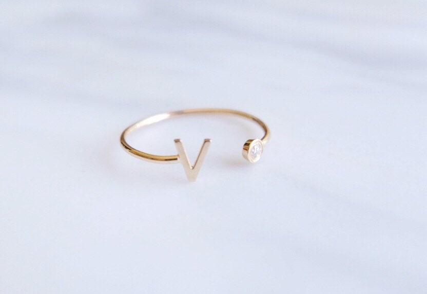 14k gold Letter ring with diamond / Initial Rings / Stacking | Etsy
