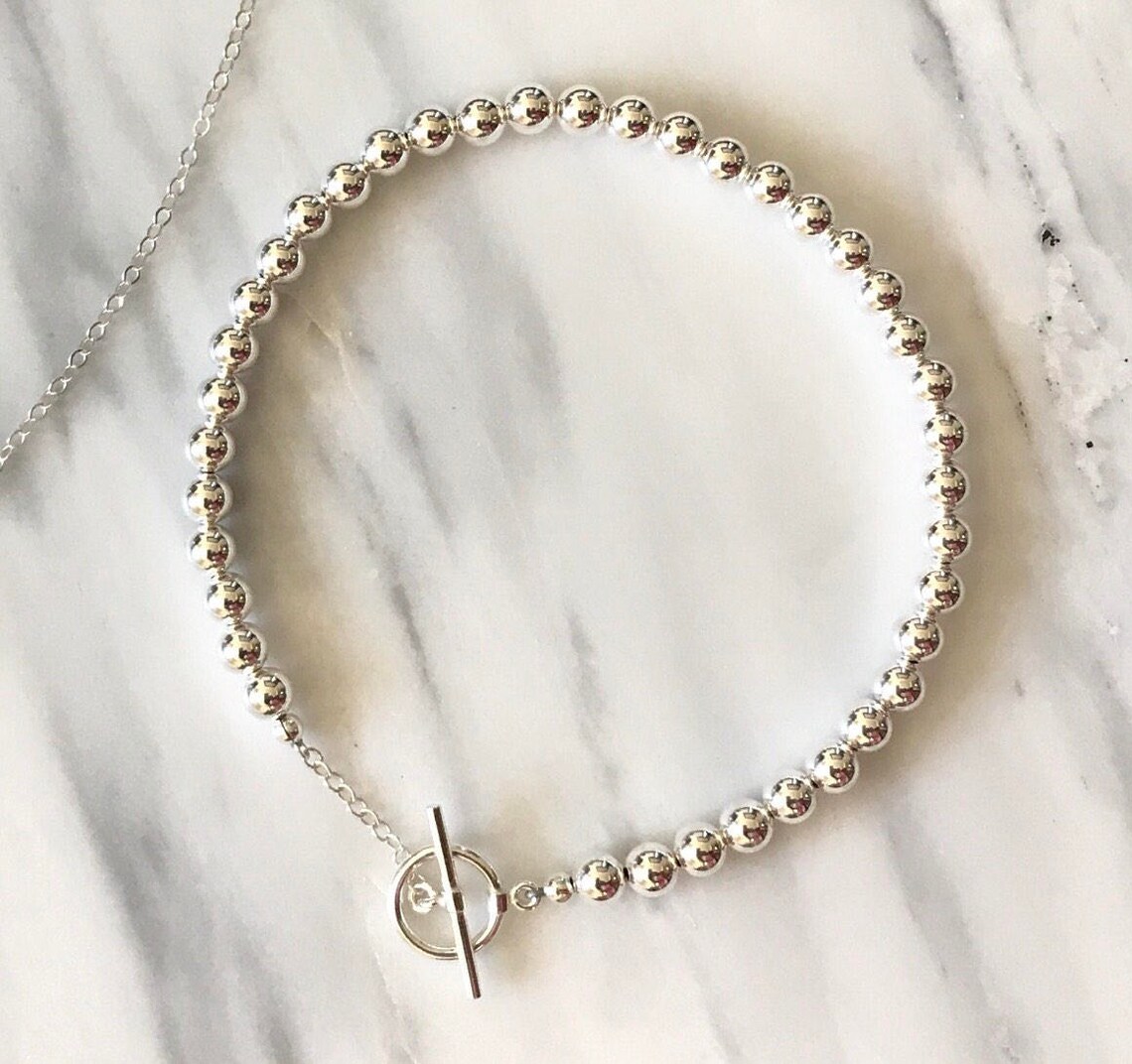 Sterling Silver Toggle Bracelet • Beaded Toggle Bracelet • 5mm Beaded ...