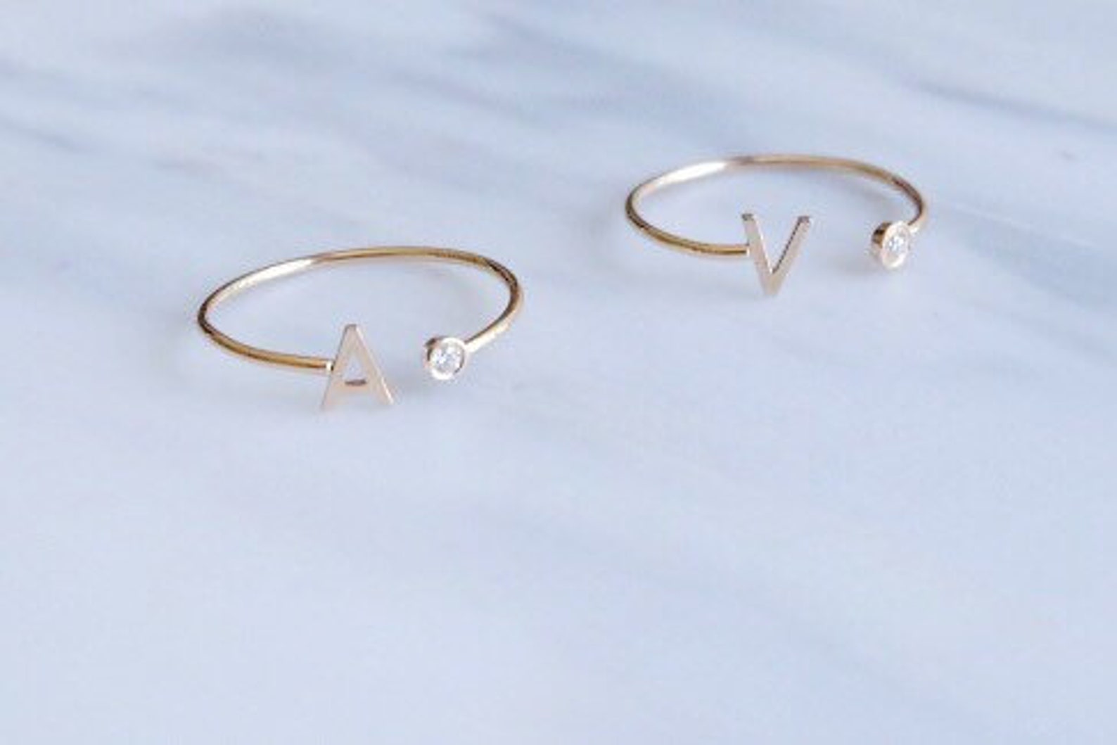 14k Gold Letter Ring With Diamond Initial Rings Stacking - Etsy
