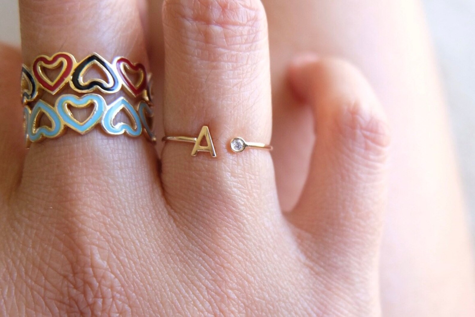14k Gold Letter Ring With Diamond Initial Rings Stacking - Etsy