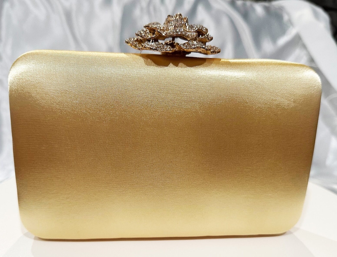 Satin Evening Clutch: Gold Crystal Rose Closure, Hardshell Handbag - Etsy