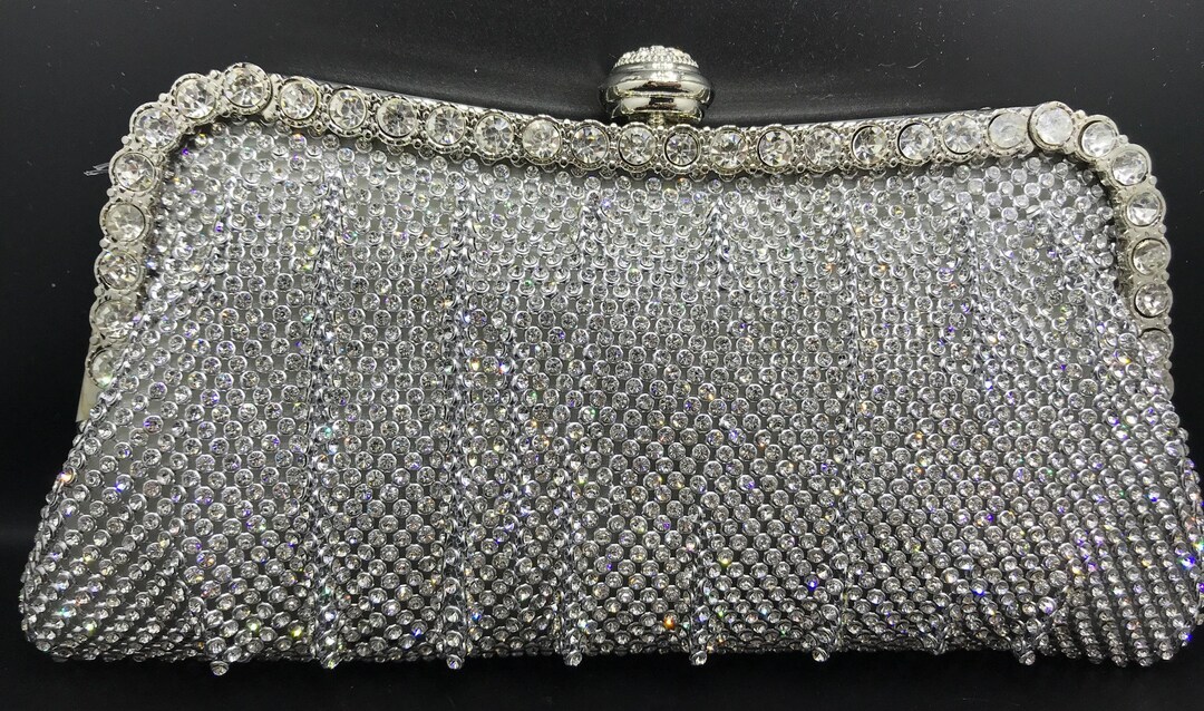 New Small Silver Rhinestone Soft Mesh With Silver Trim Evening Hand Bag ...