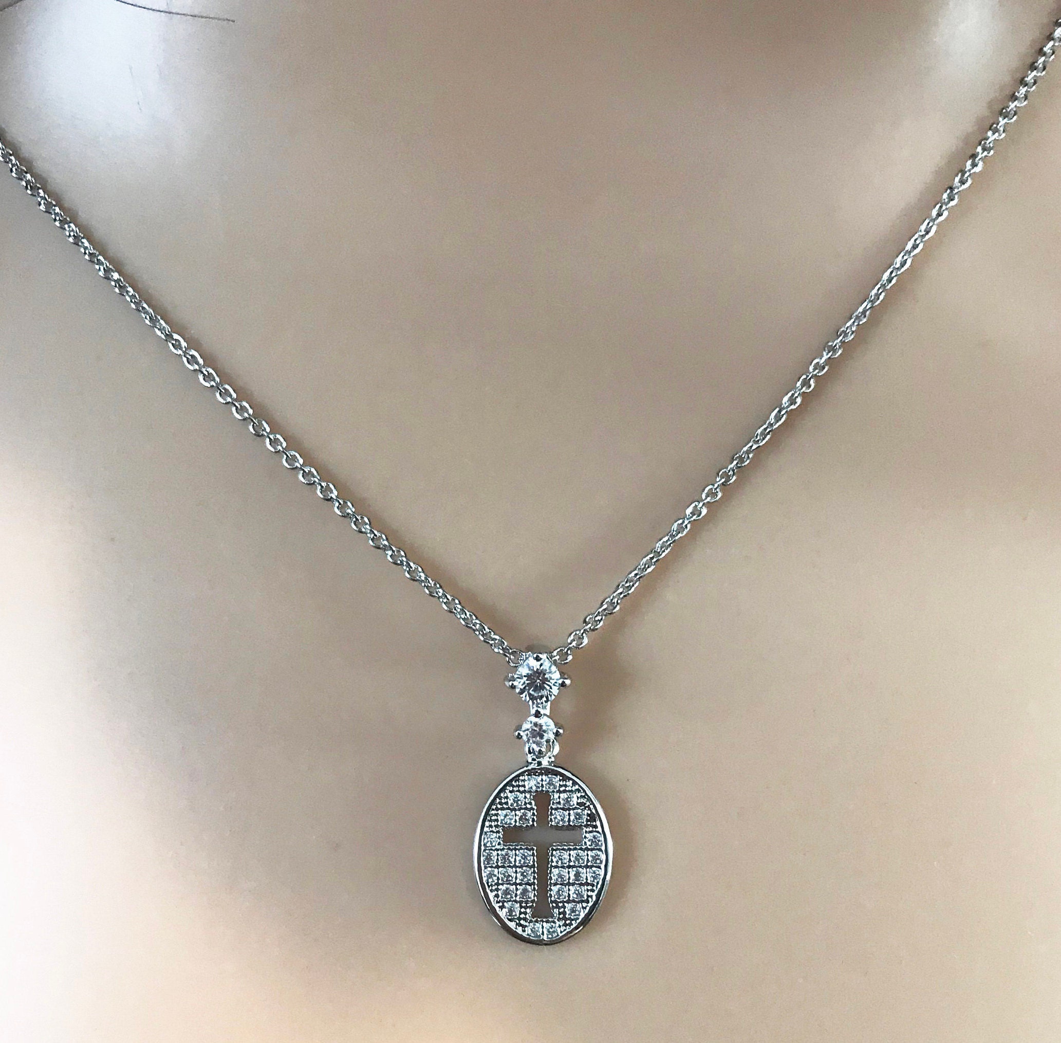 New Oval Cut Out Cross Pendant CZ Crystal Pendant Silver Necklace - Etsy UK