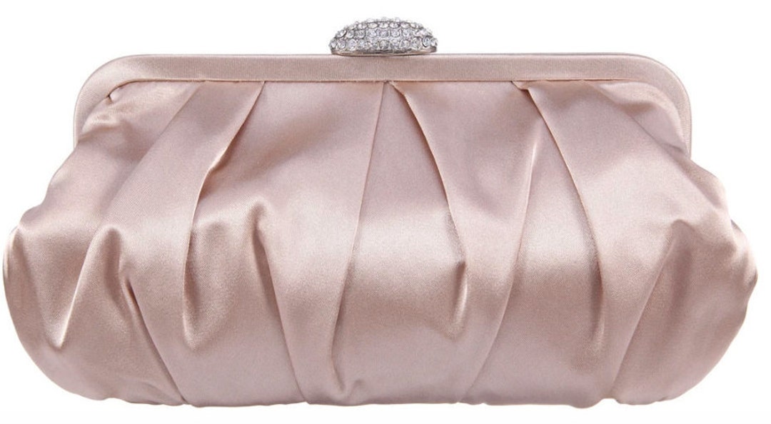 New Soft Pleated Satin Champagne With Rhinestone Closure Evening Clutch ...