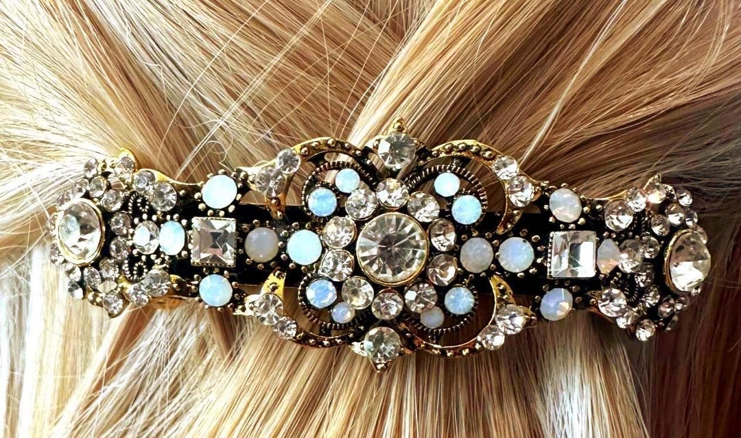 Art Deco Gold Hair Barrette: Opal & Crystal Lever Back Clip - Etsy