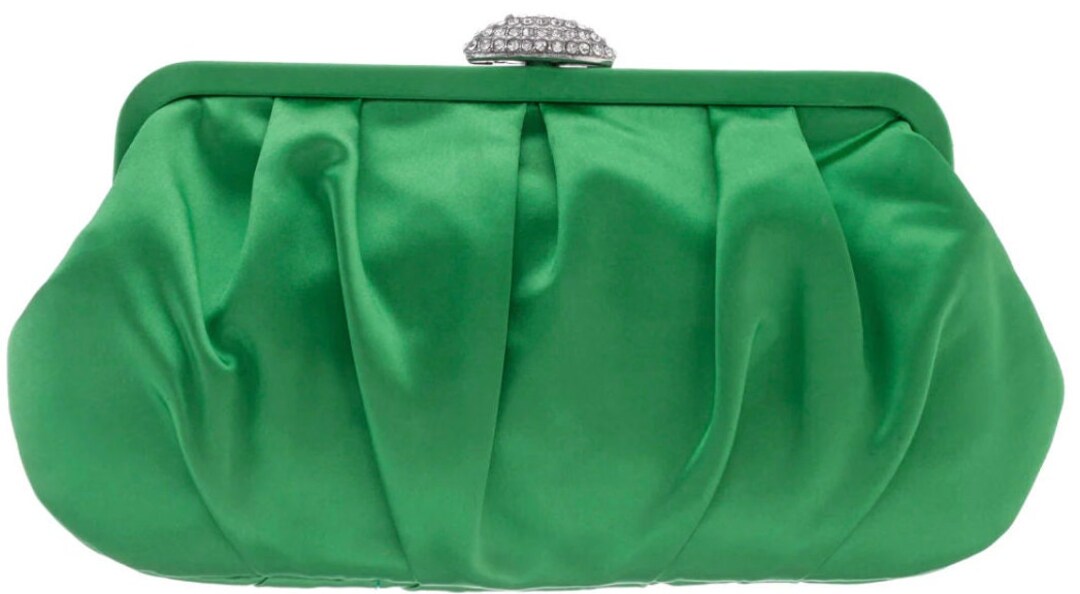 New Green Inverted Pleated Satin Evening Clutch Bag With Clear Crystal ...