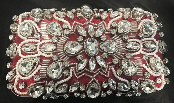 New Red Satin Body With Clear Crystal Embellishment Minaudiere - Etsy