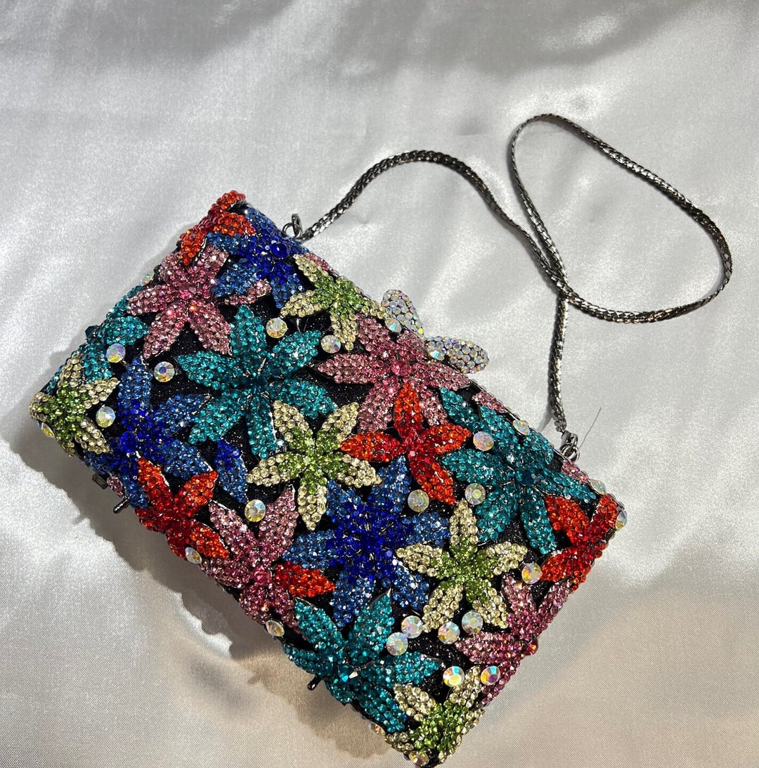 New Silver With Multi Color Austrian Crystal Floral Hard Shell Clutch ...