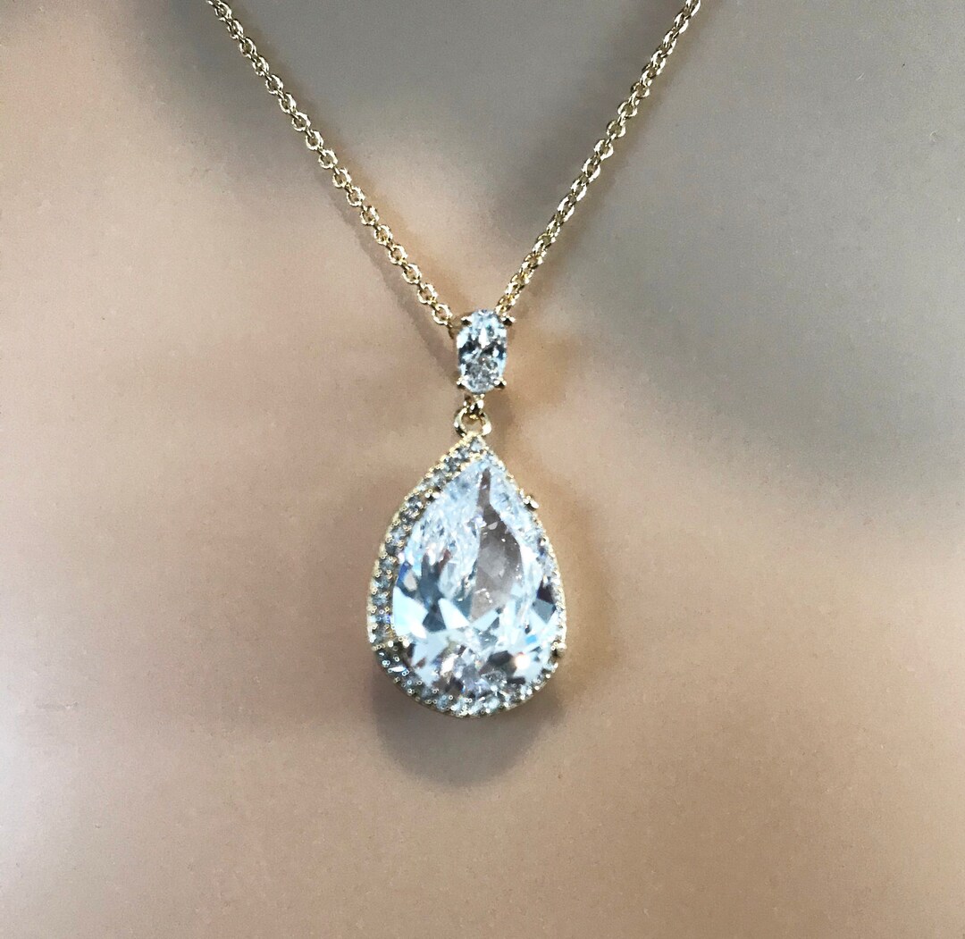 New Art Deco Pear Shape CZ Crystal Pendant Gold Necklace - Etsy