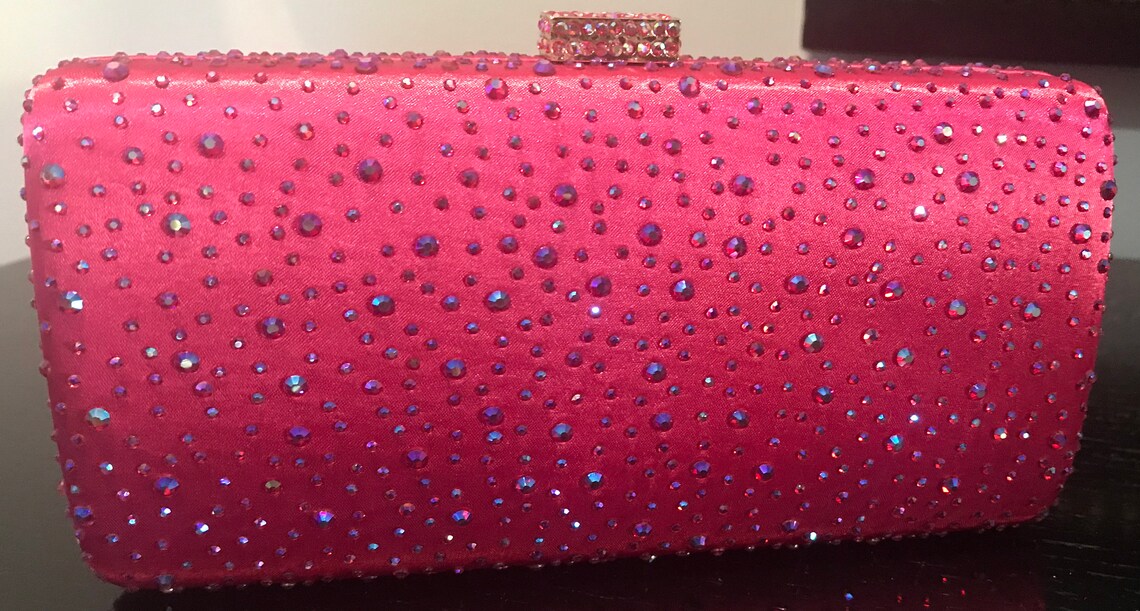 New Bright Pink Satin With Pink Iridescent Crystal clutch - Etsy