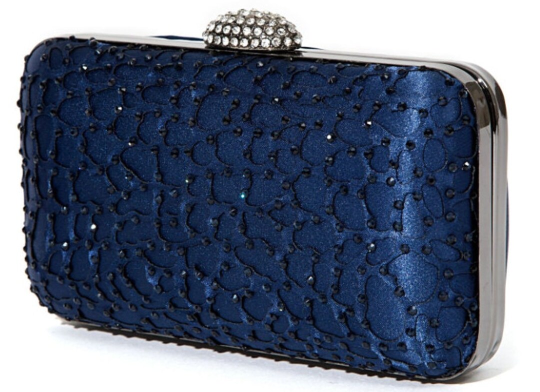 New Navy Satin With Navy Crystal & Crystal Closure - Evening Clutch ...