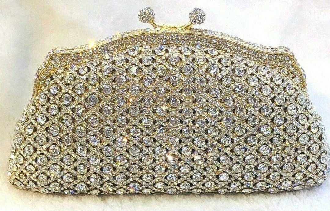 New Gold With Clear Austrian Crystal Minaudiere - Hard Shell Evening ...