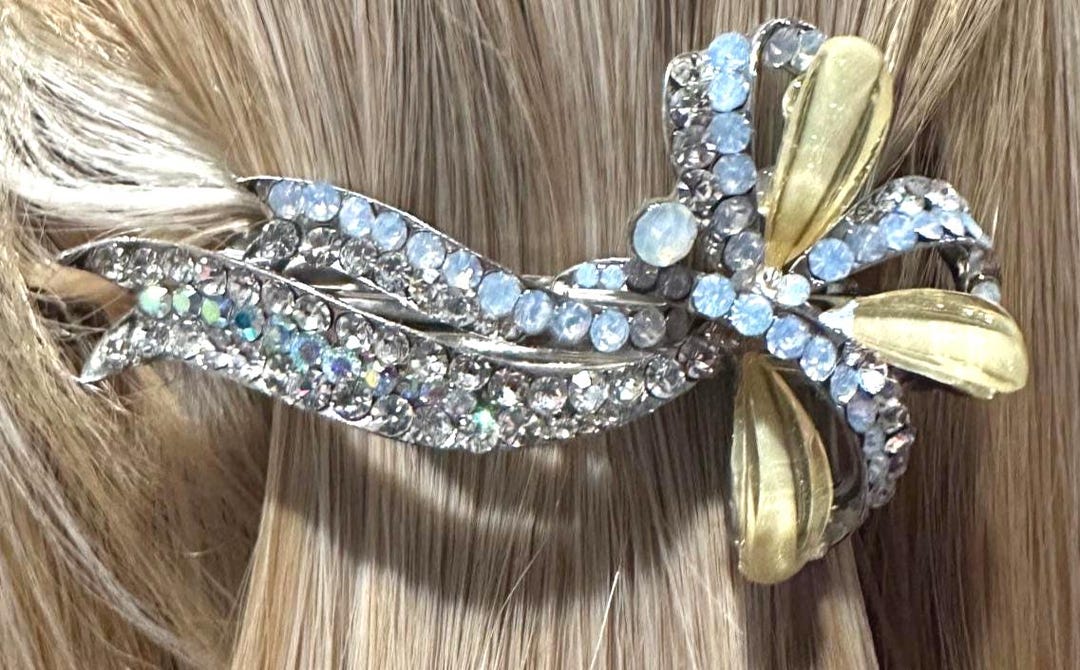 New Silver Floating Bow With Clear Crystal and Opal 2 1/2'' Width Hair ...