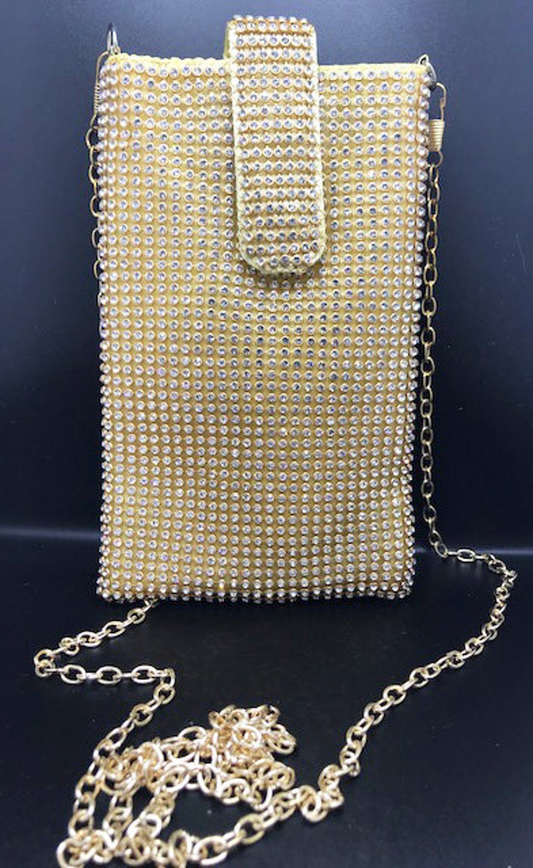 New Gold Metallic Rhinestone Mesh Cell Phone Evening Handbag With Gold ...