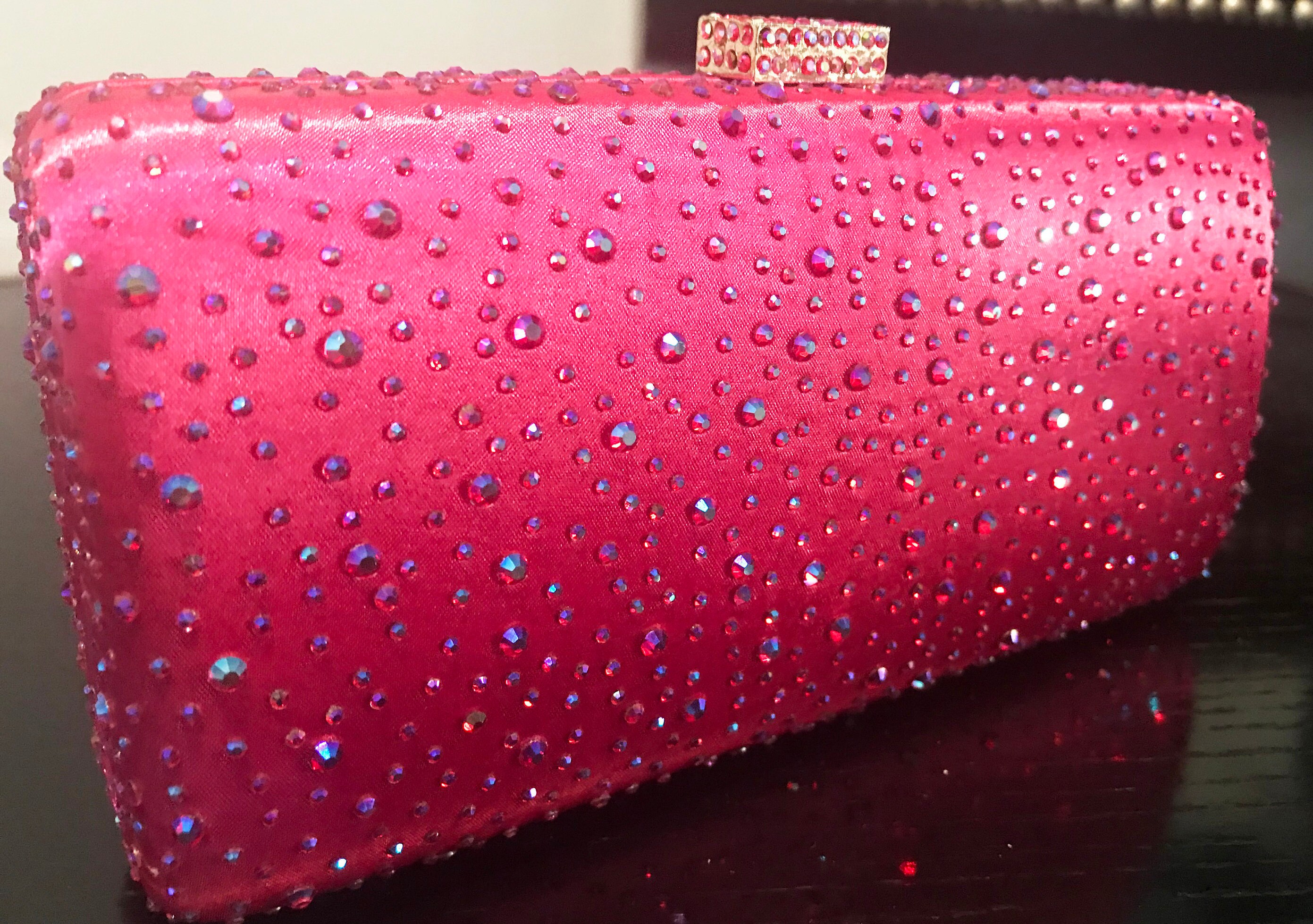 New Bright Pink Satin With Pink Iridescent Crystal -clutch Evening ...
