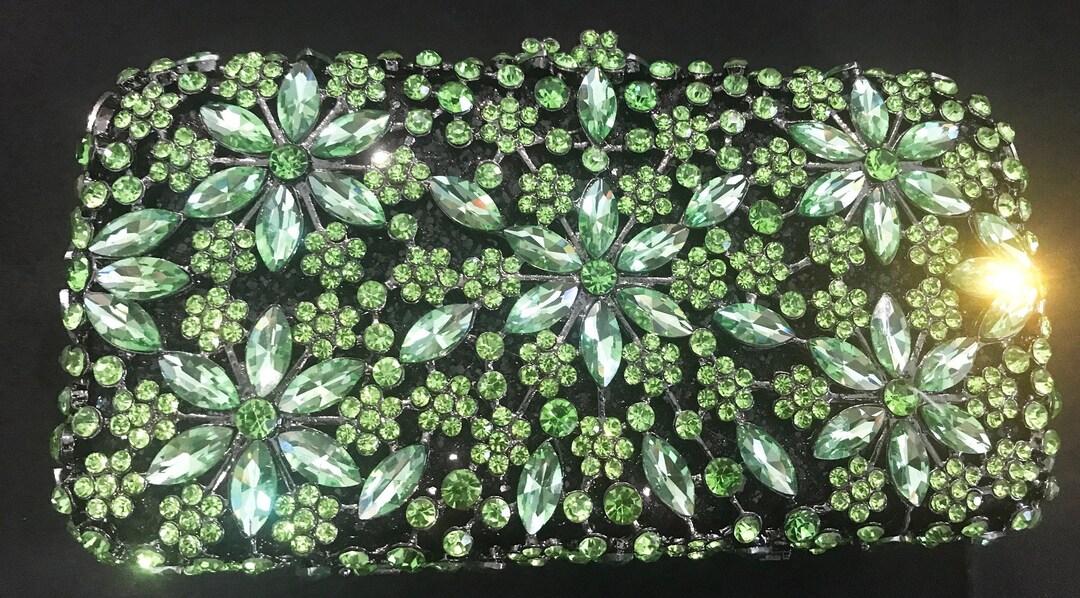 New Black With Green Austrian Crystal Floral -hard Shell Clutch Evening ...