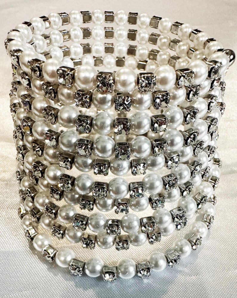 New 2'' Wide Stretch Silver and Pearl With Clear Crystal Stretch Cuff ...