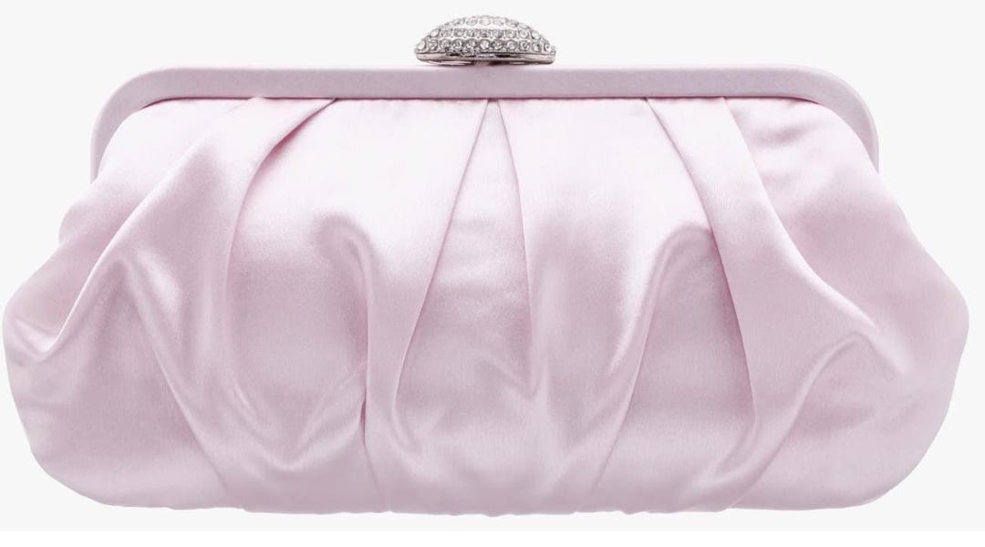 New Light Pink Inverted Pleated Satin Evening Clutch Bag With a Silver ...