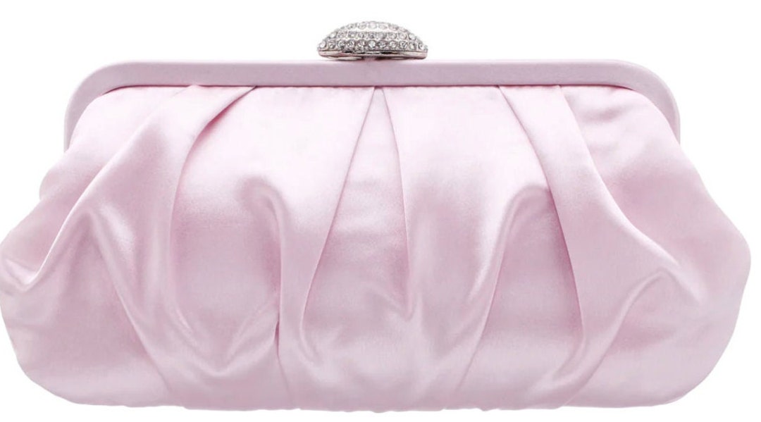 New Light Pink Inverted Pleated Satin Evening Clutch Bag With a Silver ...