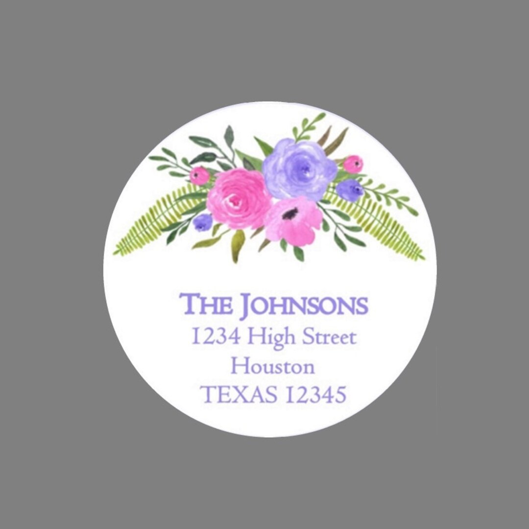 Flowers and Ferns Return Address Labels Round Pink and Purple Clear ...