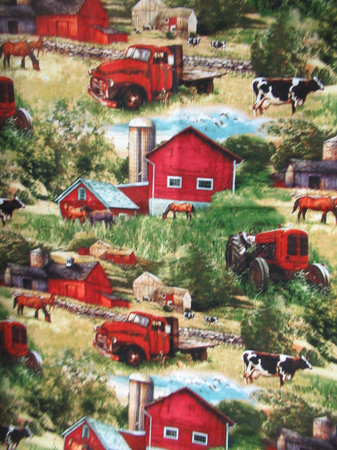 Farm Barn Tractor Truck and Farm Animals Scenic Farm Cotton Fabric That ...