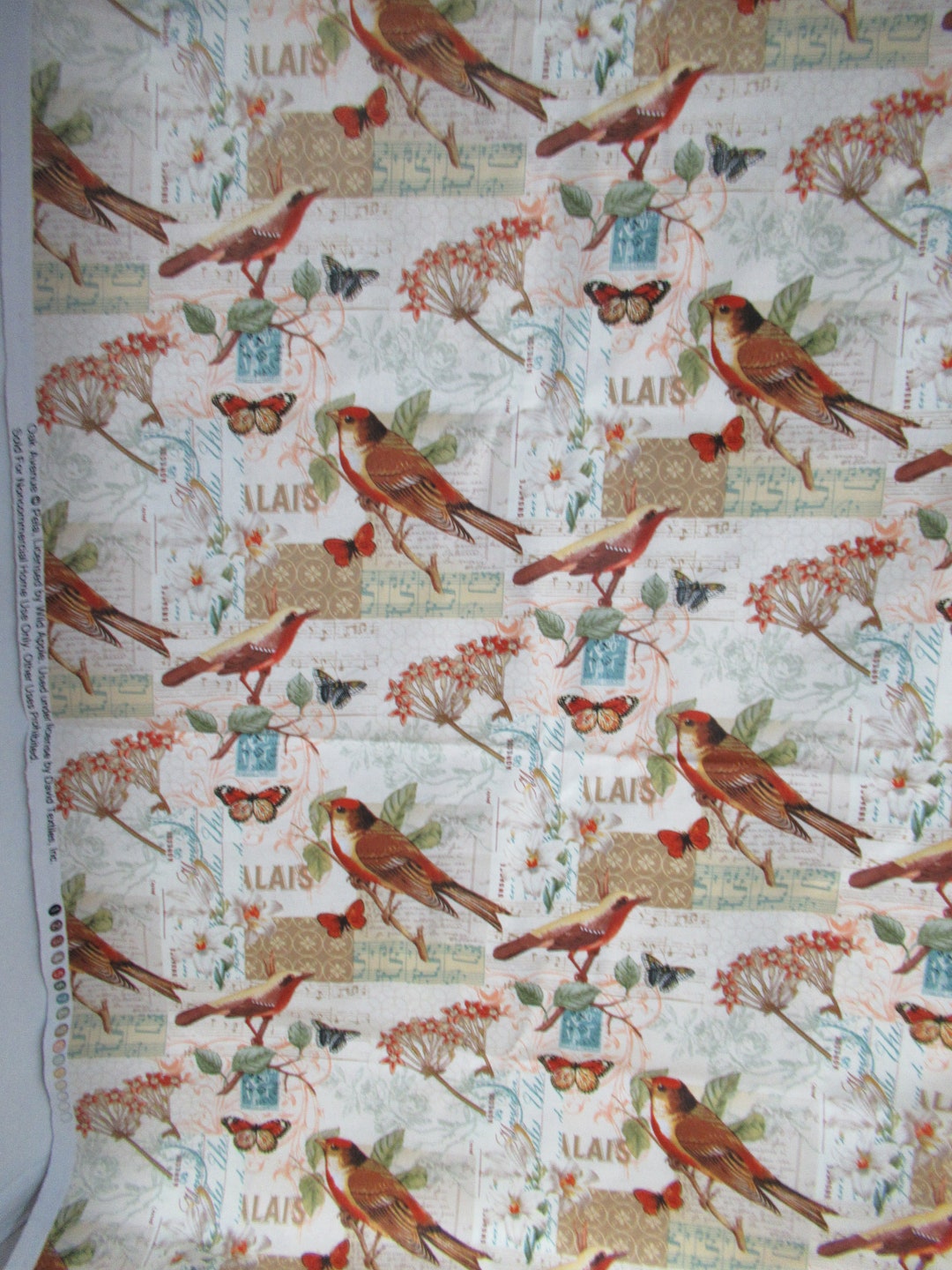 David Textiles Birds Music Notes Stamped Cotton Fabric in a Brown Multi ...